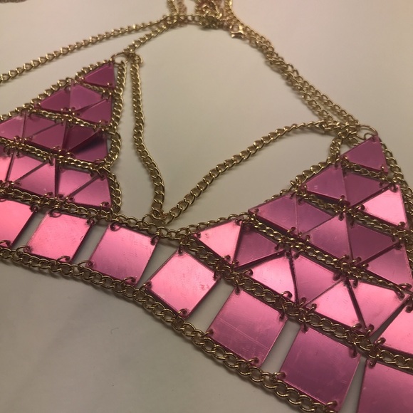 Tops | Pink Chain Bra Crystal Sequin Rave Top Crop Mirror | Poshmark